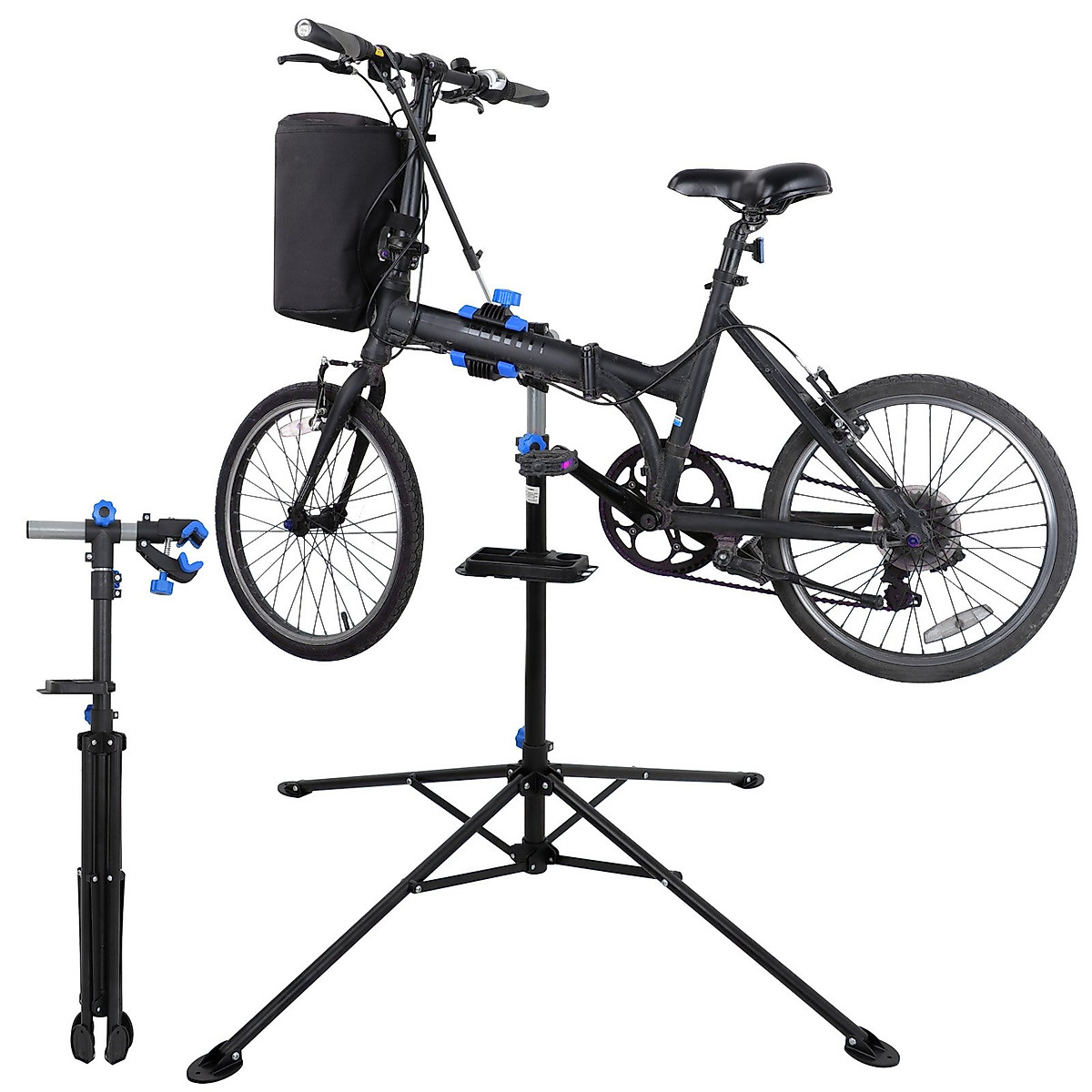 JungleA Portable Mechanic Bike Repair Stand Height Adjustable 42.5 to 74 inch Cycle Rack Bicycle Workstand w/Telescopic Arm, Tool Tray & Balancing Pole
