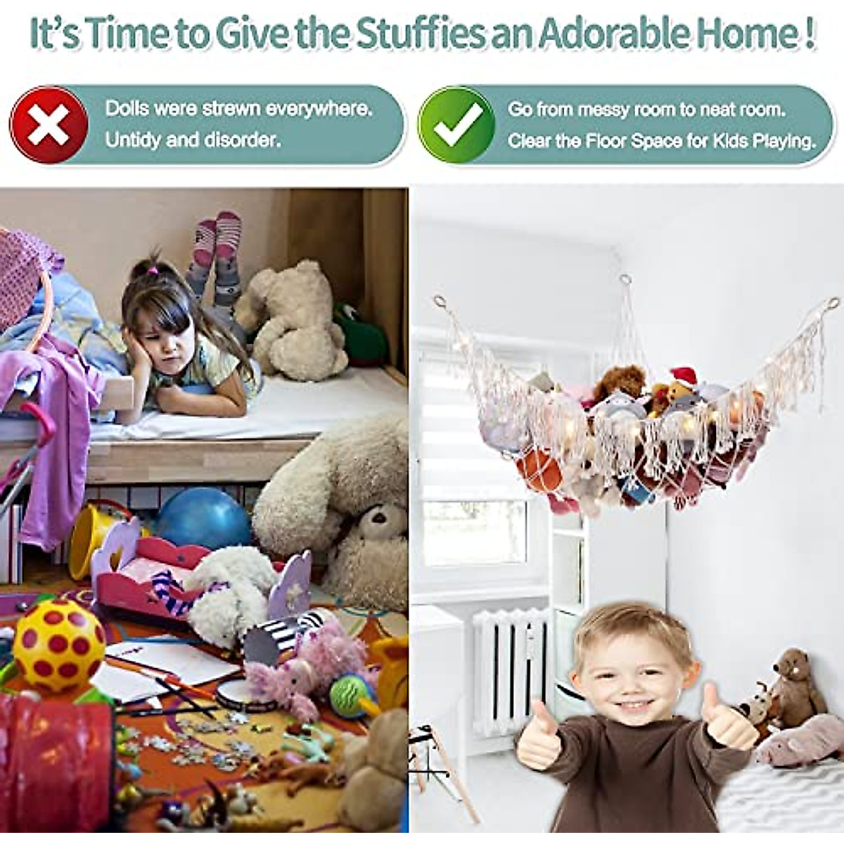 SZBAMI Stuffed Animal Net or Hammock with Light, Hanging Corner Net Toy Hammock for Stuffed Animals with Hooks, Hanging Net Toy Storage Organizer Animal Net for Bedroom Playroom Kindergarten -Large