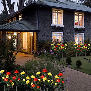 FORUP 2 Pack Solar Garden Stake Lights, Outdoor Solar Rose Flower Lights with 6 Rose Flowers, LED Rose Solar Powered Lights for Patio, Lawn, Garden, Yard Decoration (Red & Yellow)