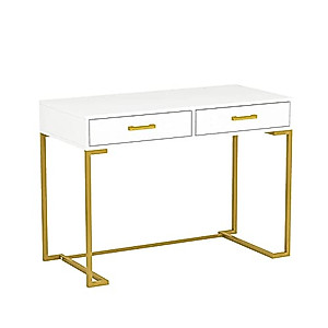 Tribesigns White and Gold Desk with 2 Drawers, White Writing Desk, 40 Inches Computer Desk, Simple and Modern Desk