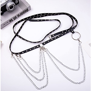 LOREMOW 2 Pcs Black Leather Waist Chain Belt Womens Punk Waist Belly Chain Layered Goth Body Chain Nightclub Party Body Jewelry Accessories