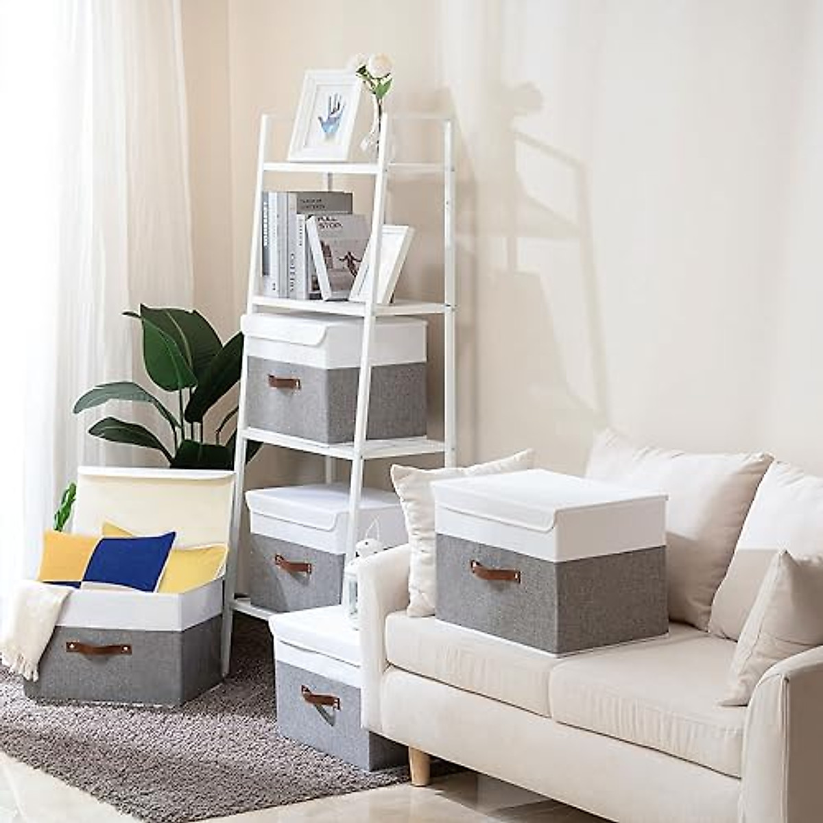 Yawinhe Collapsible Storage Boxes with Lids Fabric Foldable Storage Bins Organizer Containers Baskets with Lid for Home Bedroom Closet Office SNK024WGS-3