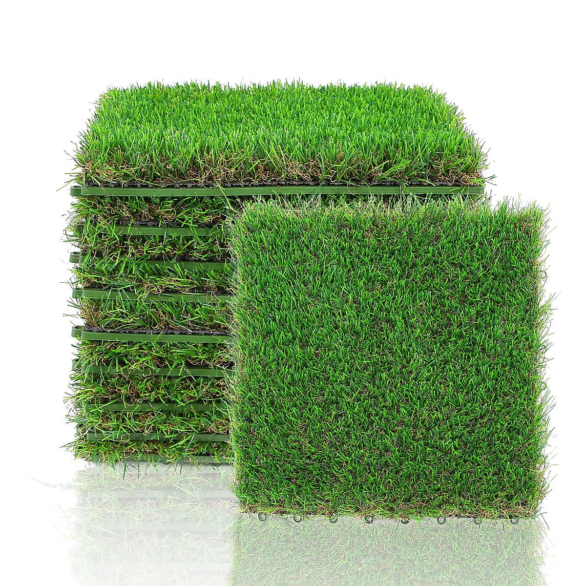 GLOBREEN Interlocking Artificial Grass Tiles 9 Pack, 12" x 12" Squares Fake Turf Grass Tiles Self-Draining for Deck, Patio, Dogs, Balcony, Backyard, Indoor Outdoor Flooring Decor