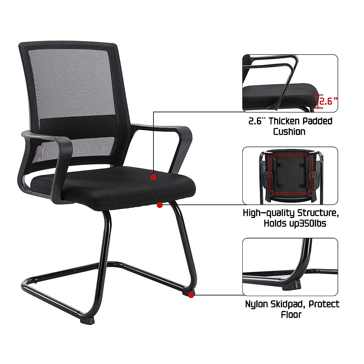 10 Pack Office Guest Chairs & Reception Chairs, Set of 10 Heavy Duty Mesh Fabric Waiting Room Chairs Meeting Room Guest Chairs with Sled Base, Black