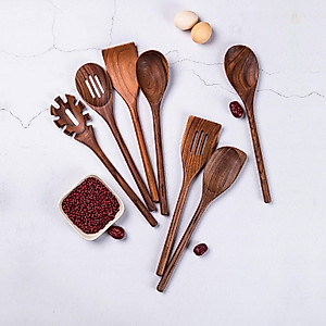 Black Walnut Kitchen Utensils Set - 7 Pcs Dark Wooden Cooking Utensils, 13.6” Long Handle Natural Walnut Wood Flat Spatula, Slotted Turner, Soup Ladle, Skimmer, Pasta Server, Corner Spoons for Cooking