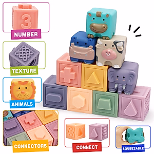 QLOTS Baby Blocks, Baby Toys 12PCS Soft Stacking Building Blocks Infant Bath Toys for Toddler 12 Month 1 2 Years Old Boys&Girls Gift Safe Teething Squeeze Sensory Toys with Suction Cup Storage Bag