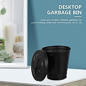 UKCOCO White Desk Metal Trash Can with Lid Wastebasket Small Buckets Tinplate Tin Pails Tabletop Storage Containers Organizer for Home Office Bathroom Kitchen Party Favors Black Recycle Bin
