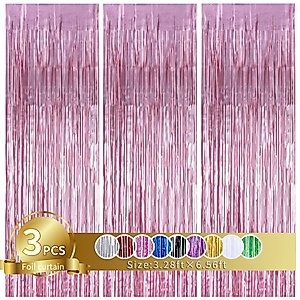 TONIFUL 3Pcs Pink Door Streamers,Pink Photo Booth Backdrop Metallic Streamers Pink Foil Fringe Curtains for Birthday,Christmas,New Year,Bridal Shower,Bachelorette Party Decor(9.9ft x 6.6ft)
