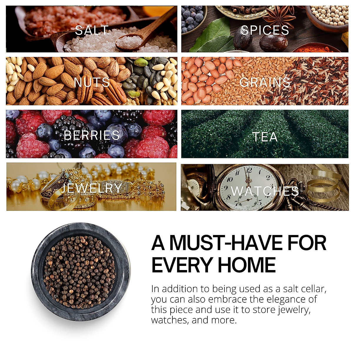 Flexzion Marble Salt Cellar with Lid, Multi-Purpose Marble Container for Salt, Pepper, Paprika and Powdered Herbs, Marble Box for Jewelry, Watches and Accessories (Black)