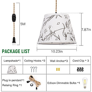 Dexnump Plug in Pendant Light, Hanging Light with Plug in Cord Dimmable Switch, Hanging Lamp with 15 ft Hemp Rope Cord, Pendant Light Fixture for Bedroom Kitchen Island Living Room (Bulb Included)