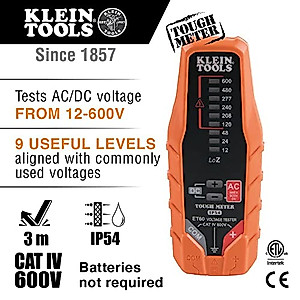 Klein Tools ET60 Voltage Tester, Tests AC and DC Voltage and Low Voltage, No Batteries Needed,Orange/Black