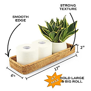 CELEZAR Rattan Toilet Tank Basket Woven Guest Towel Holder Decorative Wicker Tray 17" x 6" x 2" for Serving Bread or Shelves Bathroom Counter Organizers and Storage (17 x 6 x 2 inches, Honey Brown)