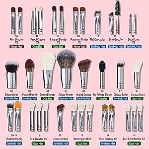 Bueart Design Pro makeup Artist Brushes Set 34Pcs Deluxe Real Goat Hair Horse hair Makeup Brush Set with extra Large Holder Professional labeled makeup brush set with natural Pony Hair