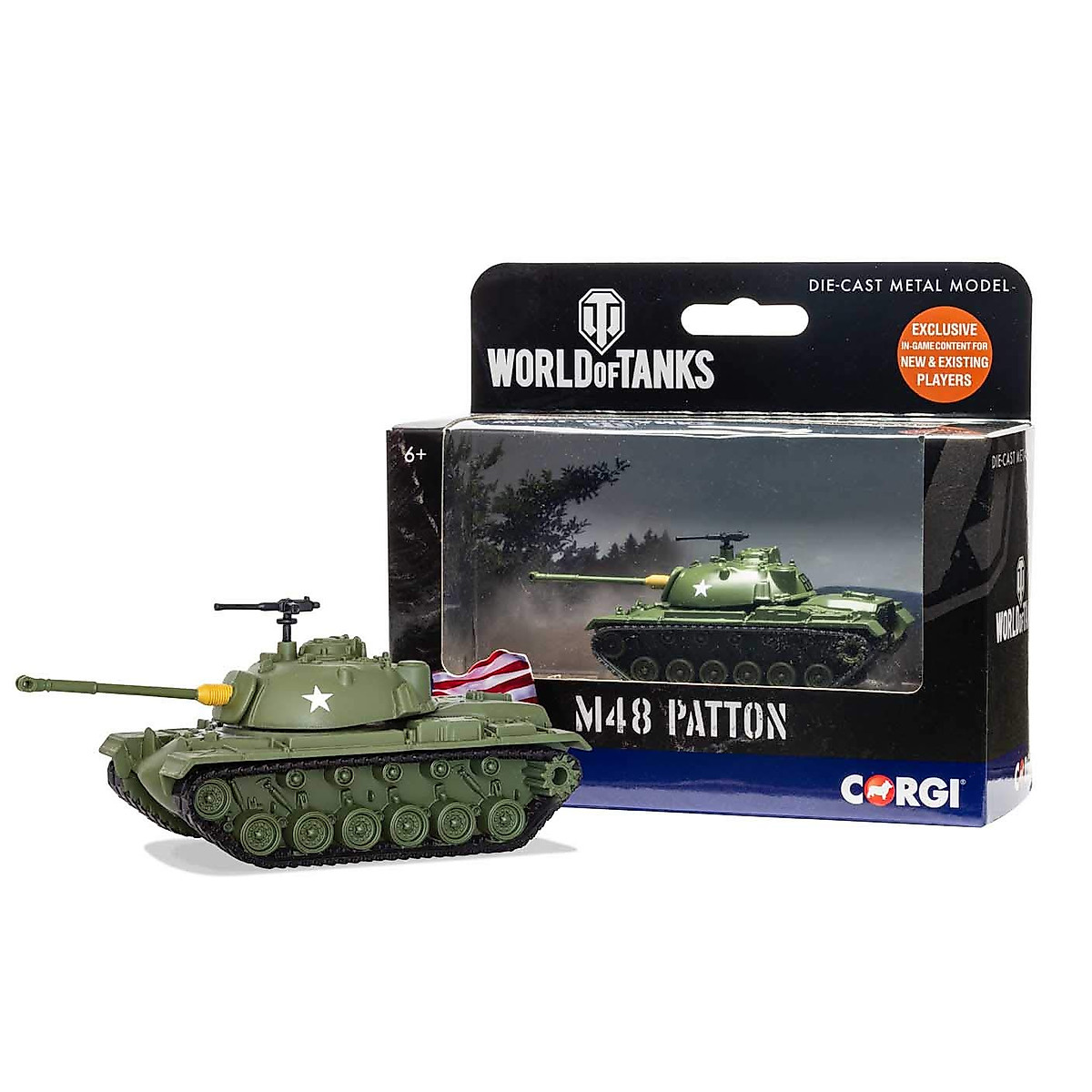 Corgi Diecast World of Tanks M48 Patton Tank with in Game Codes Military Fit The Box Scale Model WT91201, Dark Army Green