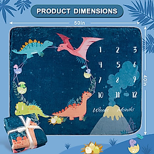 Whaline Baby Monthly Milestone Blanket Dinosaur Theme Newborn Photography Photo Prop Blanket Flannel Nap Mat Backdrop with 2 Frames Cartoon Baby Growth Photo Blanket for Girl Boy Shower Gift, 50 x 40