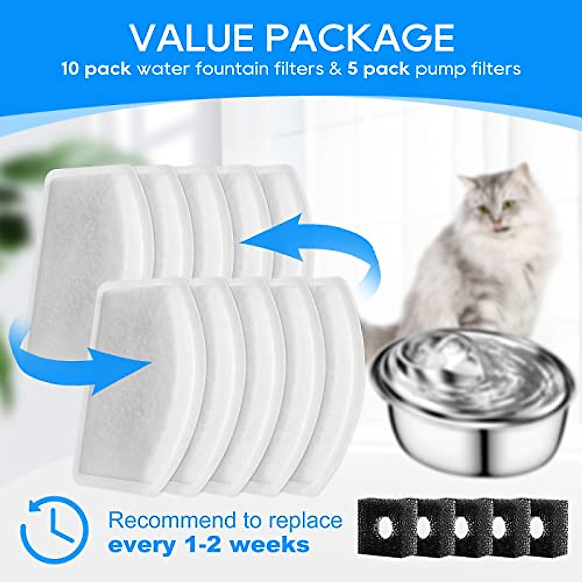 MyfatBOSS Cat Water Fountain Filter, 10 Pack Pet Fountain Filter Replacement Cat Fountain Filter Replacement and 5 Pump Filters Compatible with ORSDA D60 100oz/3L Automatic Pet Cat Water Fountain