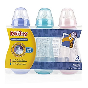Nuby Non-Drip Standard Neck Bottles, 10 Ounce, Colors May Vary, 3 Count (Pack of 1)