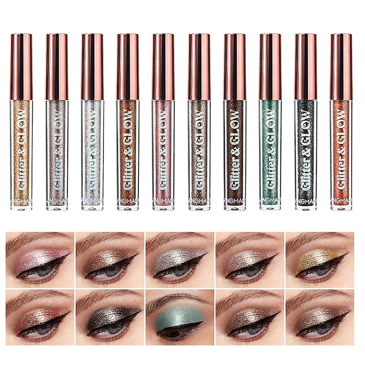 10 Colors Dazzling Glitter Liquid Eyeshadow Metallic Shiny Shimmer Long Lasting Waterproof Highly Pigmented Glow Eye Shadow Kit Sparkle Diamond Pearlescent Eye Makeup Cosmetic