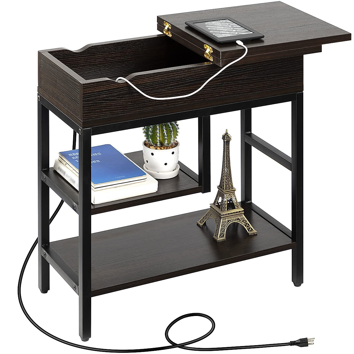 Hadulcet Side Table with USB Ports and Outlets, Narrow Sofa End Table with Storage Shelf for Small Spaces, Nightstand with Charging Station Bedside Table for Living Room, Black Walnut