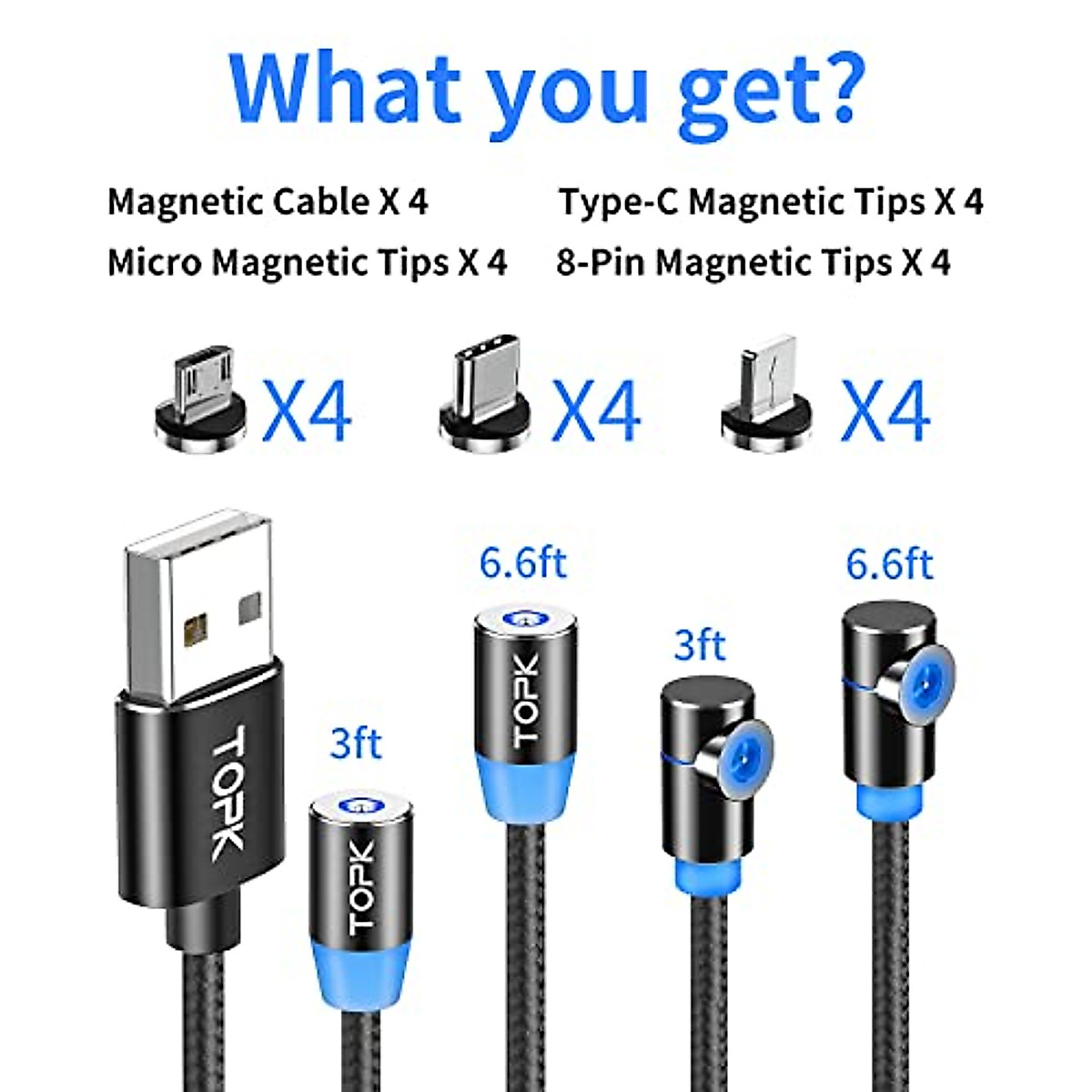 TOPK Magnetic Charging Cable 4-Pack [3ft/3ft/6ft/6ft] 3 in 1 Nylon Braided Magnetic Phone Charger, 360° Rotating Magnetic USB Cable Compatible with Micro USB, Type C, iProduct and Most Devices