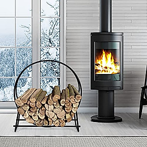 Happytools Firewood Rack, 40 Inch Heavy Duty Tubular Steel Round Log Hoop for Indoor and Outdoor, Black Wood Storage Holder for Fireplace, Fire Pit, Patio, Deck, Porch