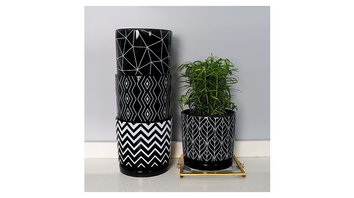 Ton Sin Black Ceramic Plant Pots Set of 4 with Drainage Hole