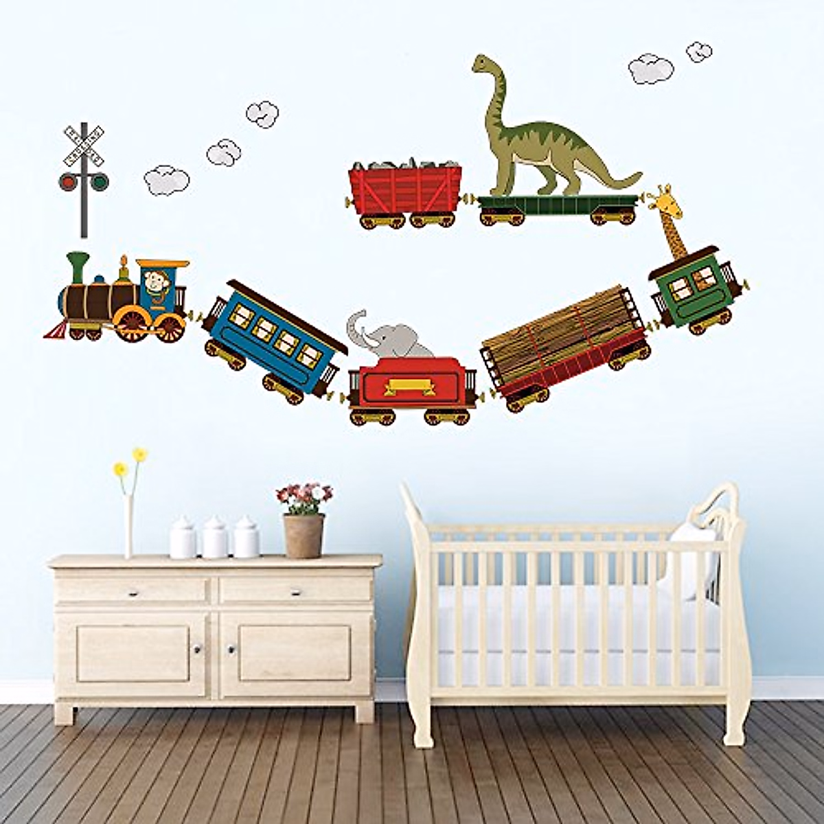decalmile Animal Train Wall Decals Dinosaur Elephant Giraffe Wall Stickers Removable Kids Room Wall Decor for Baby Nursery Childrens Bedroom Playroom