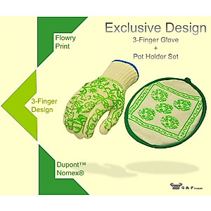 G & F 1688 Dupont Nomex & Kevlar Heat Resistant Oven Gloves, 3-Finger Oven Gloves & Pot Holder Set