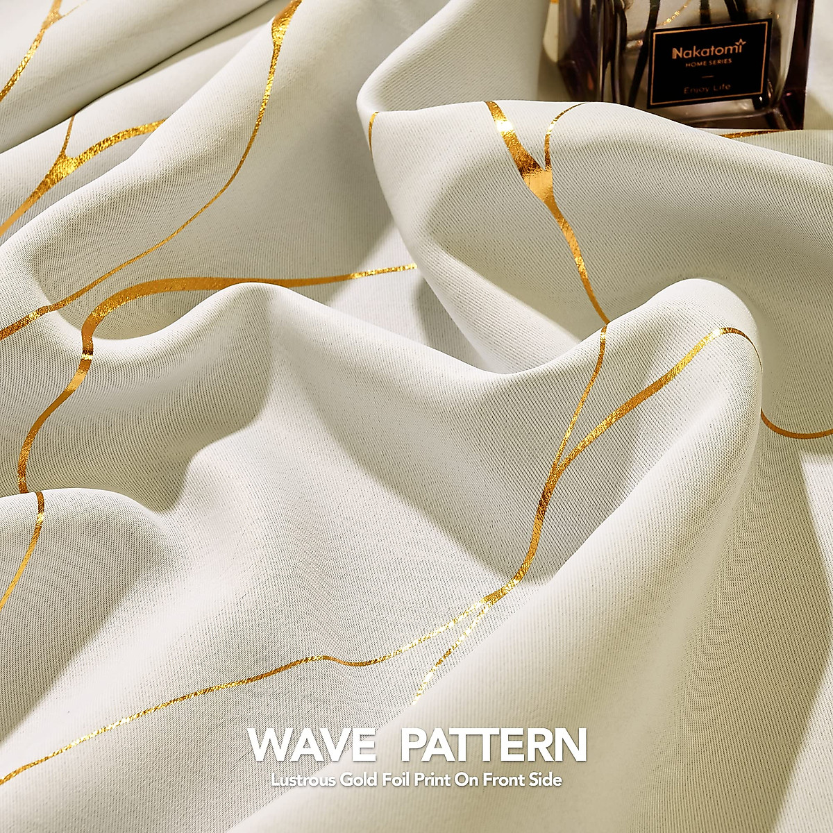 Deconovo Gold Wave Print Blackout Curtains for Bedroom, Thermal Insulated Curtains for Living Room, Room Darkening Drapes (Light Beige/Wave, 52x63 Inch, 2 Panels)