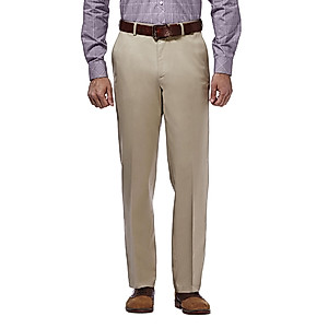 Haggar mens Premium No Iron Khaki Classic Fit Expandable Waist Flat Front Casual Pants, Khaki, 36W x 32L US