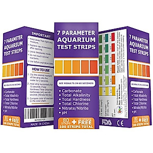 7 in 1 Aquarium Test Strips. Fish Water Test Strip. Freshwater Testing Kit for Betta and Marine Aquaponics. Tank pH Test Kit with Nitrate, Total Chlorine, Hardness, Alkalinity, Carbonate Tests.