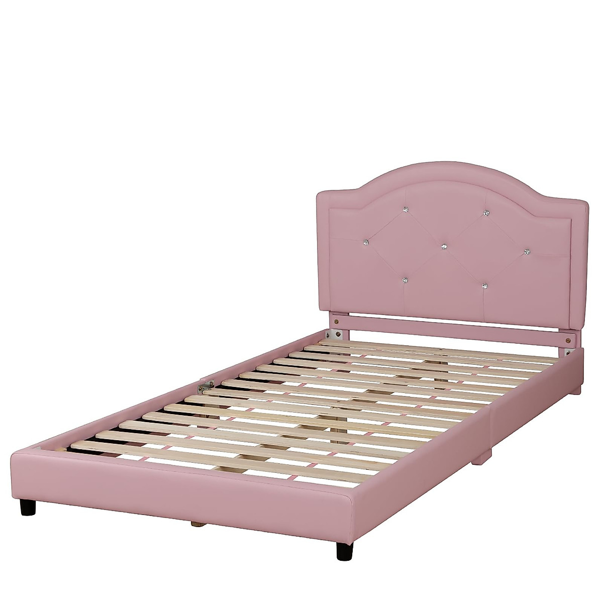 Leather Kids Twin Bed , Crystal Button Adjustable Height Headboard Children's Bed, Wooden Slat Base Toddler Bed ,Upholstered Twin Bed for Kid, Fits Standard Twin Mattress(75"Wx39"D) (Pink)