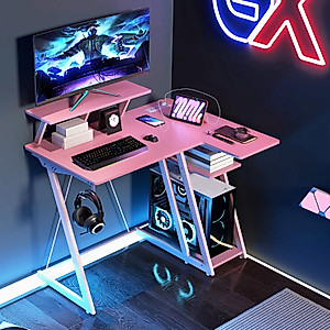 Giantex L Shaped Gaming Desk with Outlets & USB Ports, Small Computer Desk with Monitor Shelf, Headphone Hook, Storage Shelf & Host Stand, Modern Corner Gamer Workstation for Home Office (Pink)