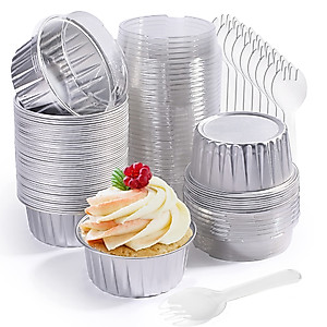 LotFancy Aluminum Foil Cupcake Baking Cups with Lids and Spoons, 5oz/125ml, 50 Pack Disposable Creme Brulee Ramekins, Oven Safe Mini Cake Tins Muffin Cups, Silver