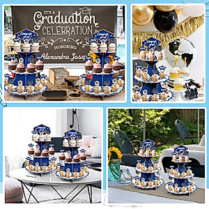 jollylife 2 Set Graduation Decorations Class of 2024 Blue and Gold Cupcake Stand,3-Tier Cardboard Congrats Grad Tower Plus 24 Cake Toppers Party Supplies Decor(Assembly Needed)