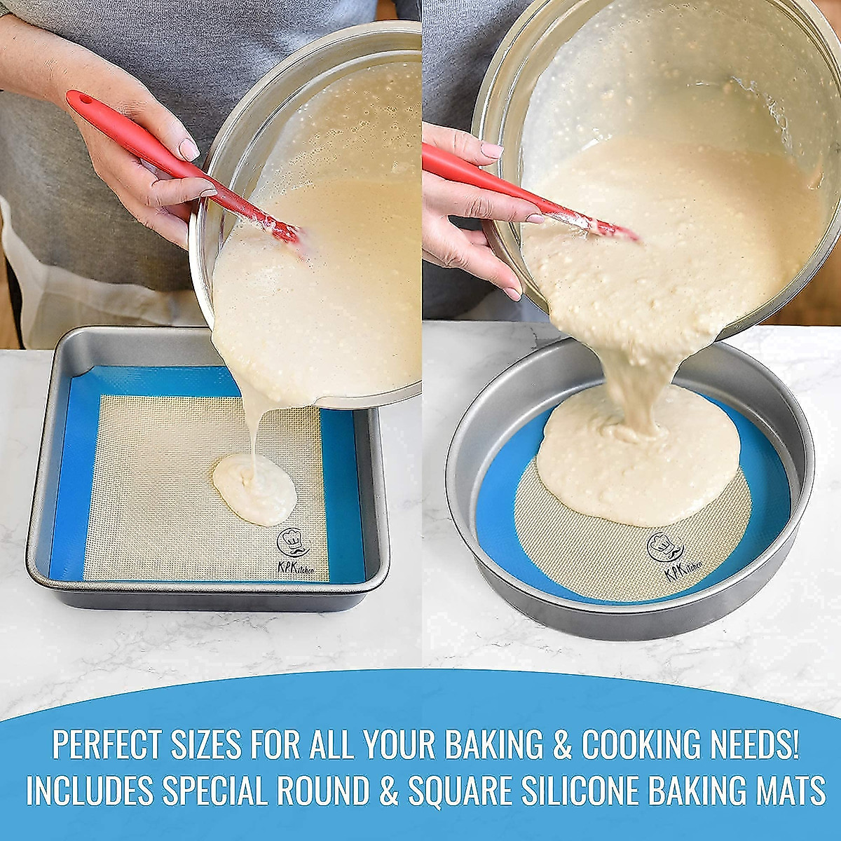 KPKitchen Silicone Baking Mats Set of 5 and Baking Sheet with Rack Set - 2 Half Sheets Mats + 1 Quarter Sheet Liner + 1 Round & 1 Square Cake Mat - Aluminum Pan + Stainless Steel Cooling Rack