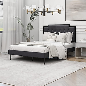 AGARTT Upholstered Platform Full Size Bed Frame with Headboard Premium Stable Wood Slat Support No Box Spring Required Black