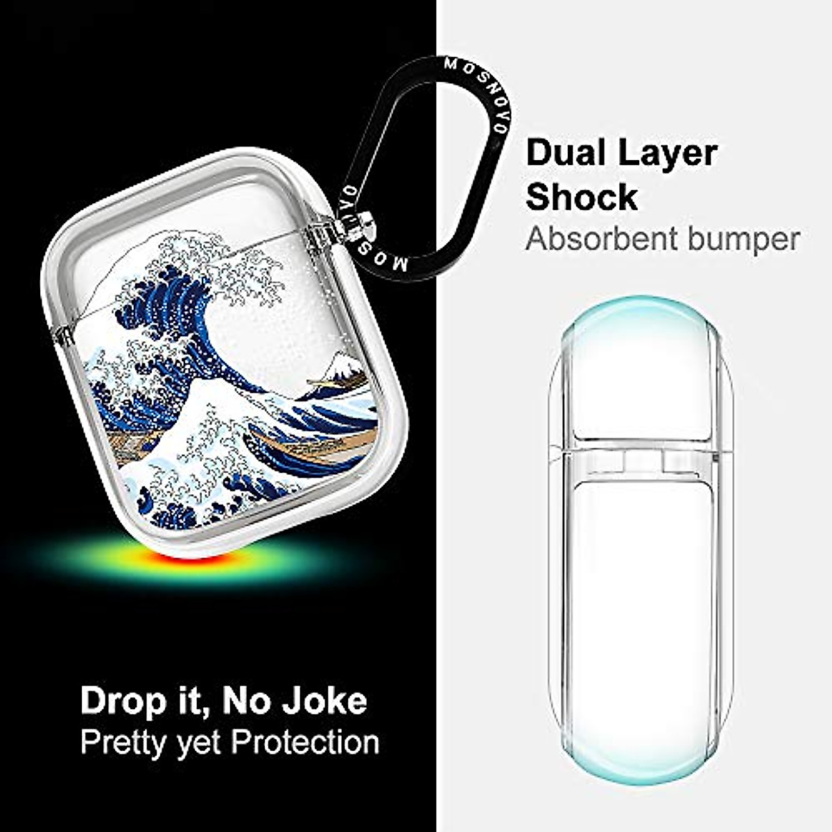 MOSNOVO AirPods Case, Apple AirPods 1 &2 Case, Cool Tokyo Wave Clear Case Design with Luxe Metal Ring Shockproof Protective Cover Case for AirPods