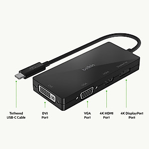 Belkin USB C Video Adapter, 4-in-1 MultiPort Adapter - USB C Video Adapter For MacBook Pro, MacBook Air, iPad Pro & Mac Mini - HDMI, VGA, DisplayPort, Or DVI Video Display W/ Tethered USB C Cable