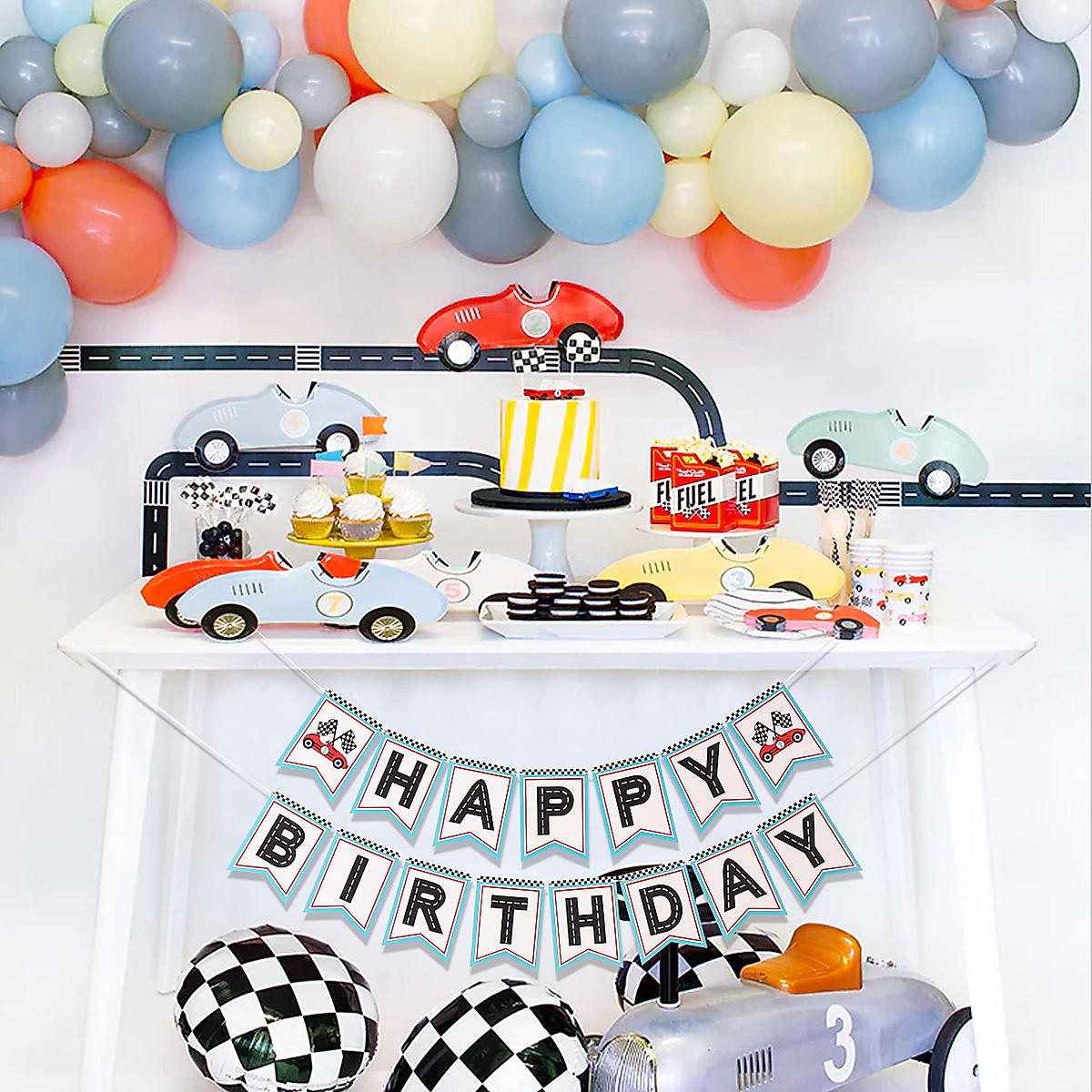 Retro Racing Happy Birthday Banner - Happy Birthday Banner, Racing Themed Party, Racing Party Decoration. Boys racing themed birthday decorations. Wall banner for racing fans.