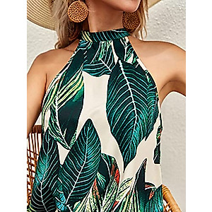 Floerns Women's Summer Floral Print Sleeveless Halter Neck Beach Party Dress Green Tropical L