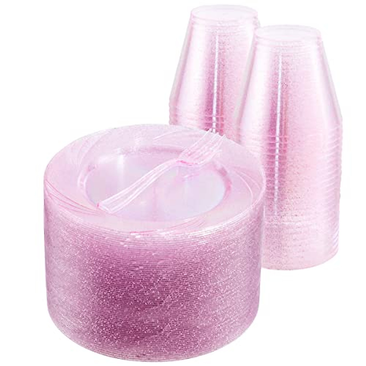 BUCLA 100pack Dessert Plates Pink Plates 6.5inch -100pack Plastic Dessert Forks 5inch-100Pack Disposable 9oz Rose Pink Plastic Cups- Perfect for Weddings& Parties&Mothers Day Plates