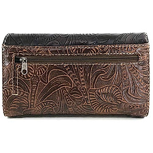 Zelris Floral Western Pu Tooled Leather Turquoise Concho Feathers Crossbody Trifold Wallet (Brown)