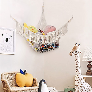 64.6" x 64.6" x 44.9" Boho Stuffed Animal Toy Corner Hammock- Large Size Macrame Toy Hammock with 3pcs Non-Trace Nails Hanging Toy Organizer Storage Net for Kids Bedroom Nursery Play Room