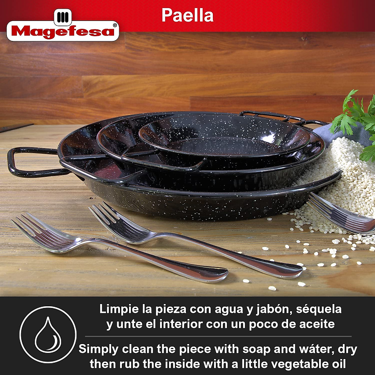 MAGEFESA® Enamelled - paella pan 17 in - 42 cm and 10 Servings, made in Enameled Steel, with dimples for greater resistance and lightness, ideal for cooking outdoors, cook your own Valencian paella