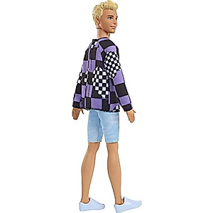 Barbie Fashionistas Ken Fashion Doll #191 with Blonde Cropped Hair in Checkered Sweater, Denim Shorts & White Sneakers