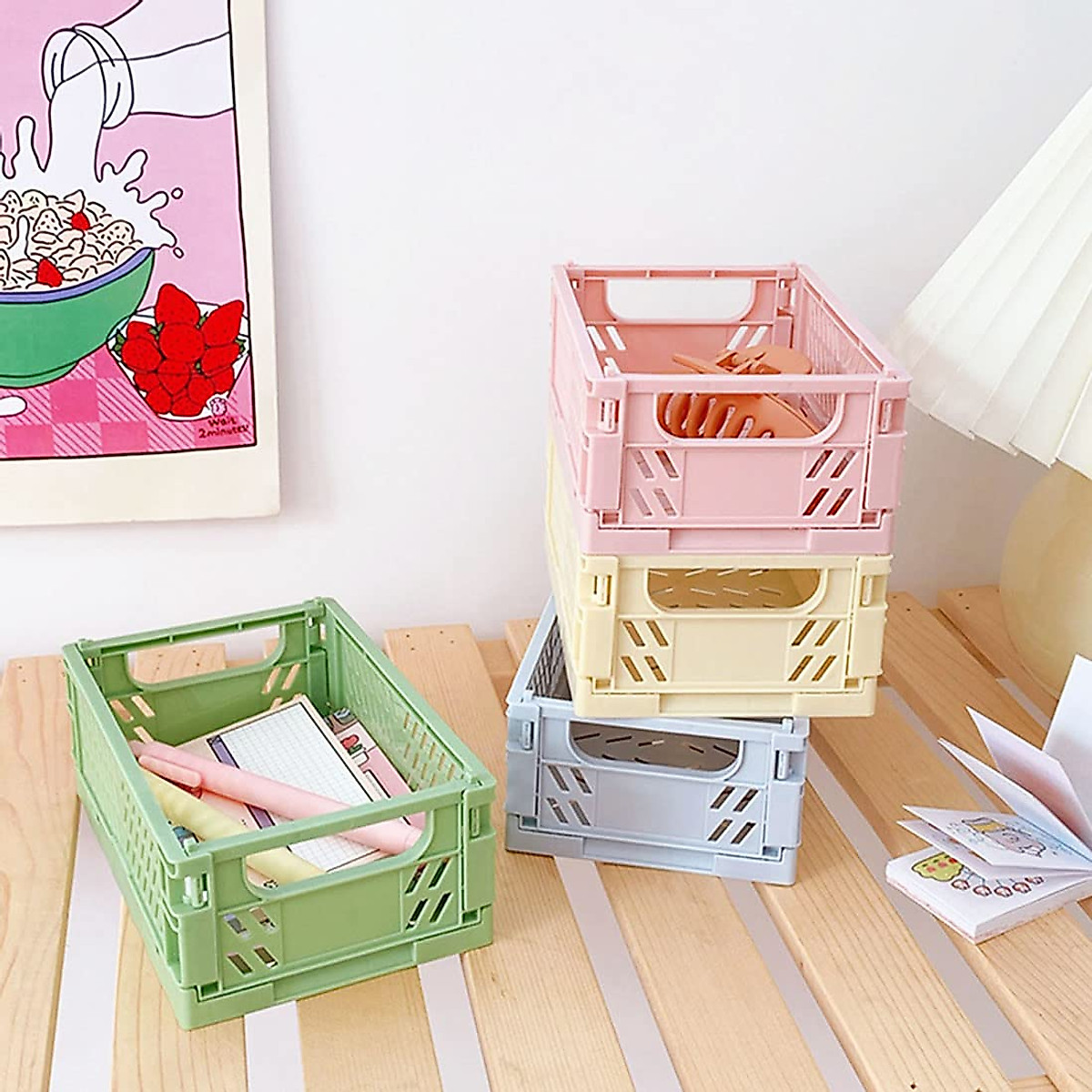 5-Pack Mini Pastel Crates,Plastic Folding Stacking Baskets,For Storage Organizing, Durable Reliable Storage Crate, For Kitchen,Classroom,Office,Bathroom Storage (Blue, Yellow, Pink, Green, Purple)
