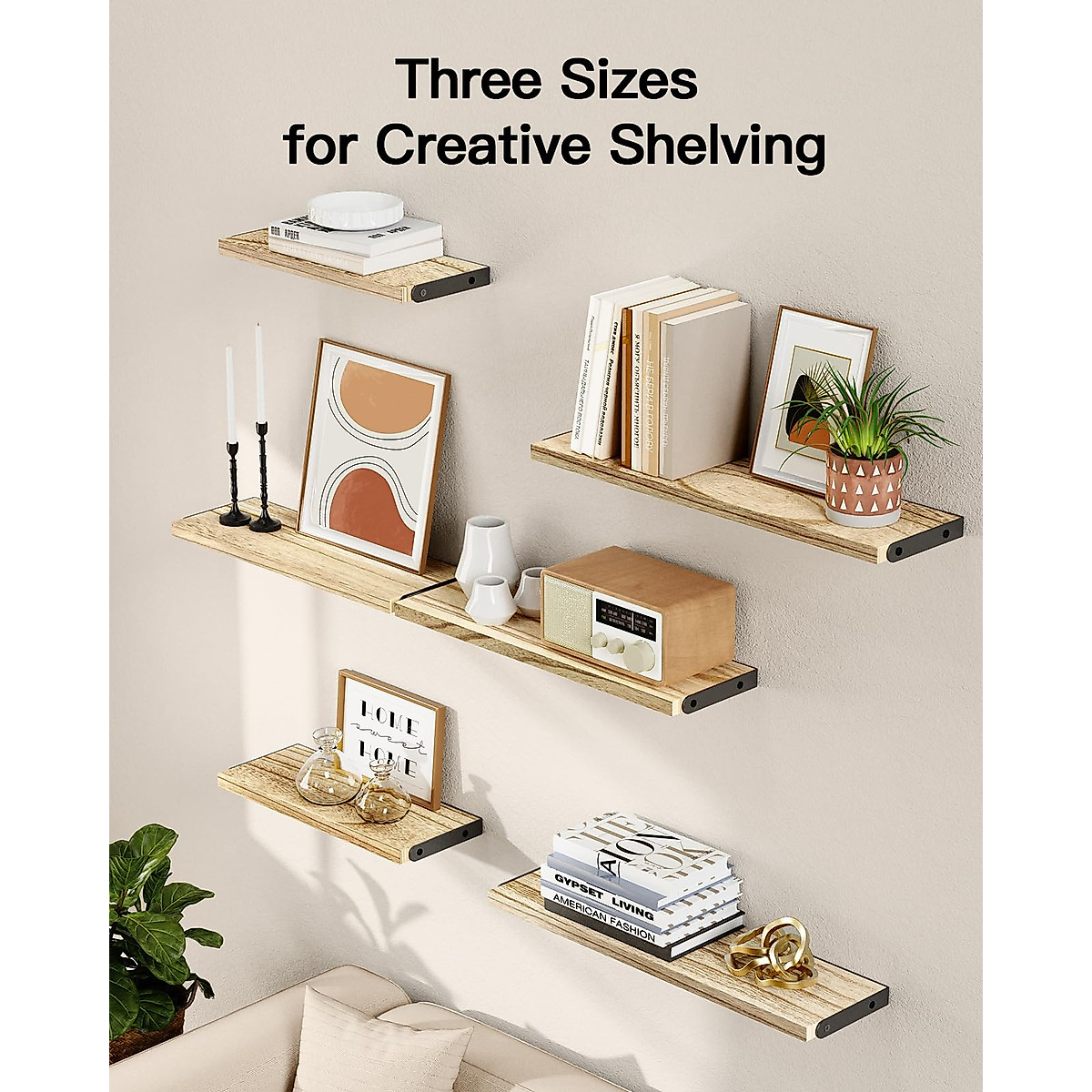 AMADA HOMEFURNISHING Wall Shelves Set of 6, Wood Floating Shelves for Wall Decor, Rustic Farmhouse Wall Shelves for Bedroom, Bathroom Shelves for Wall Storage, Book Shelves for Living Room, Wooden