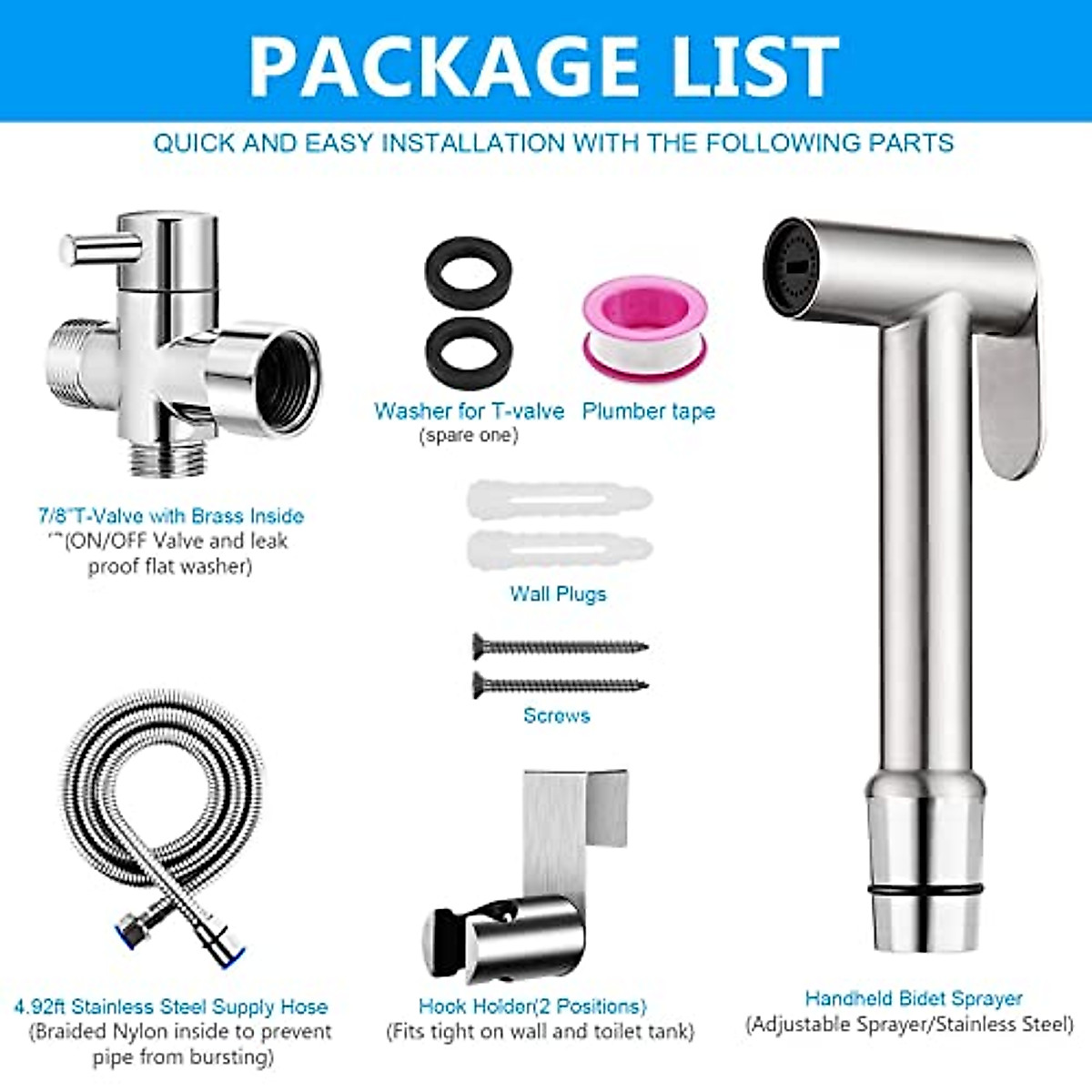 Luxury Bidet Sprayer for Toilet-Handheld Sprayer Attachment with Brass Leak Free T-Valve&Adjustable Jet Spray, Perfect for Feminine Hygiene