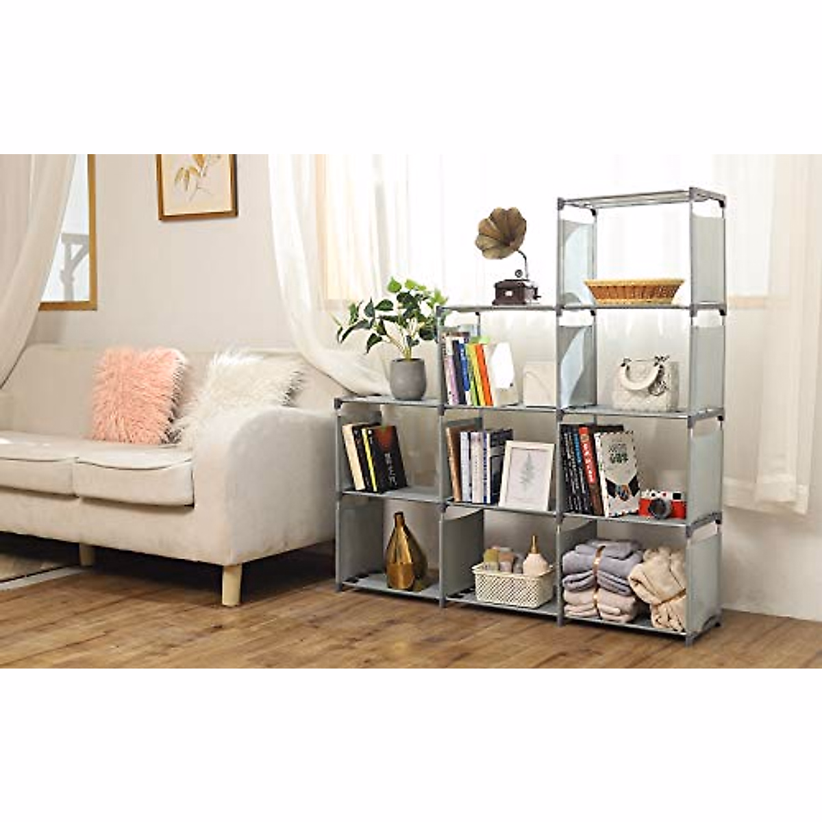 YCOCO 9 Cubes Bookshelf Office Storage Shelf Plastic Storage Cabinet,Multifunctional Non Woven Storage Rack,Grey